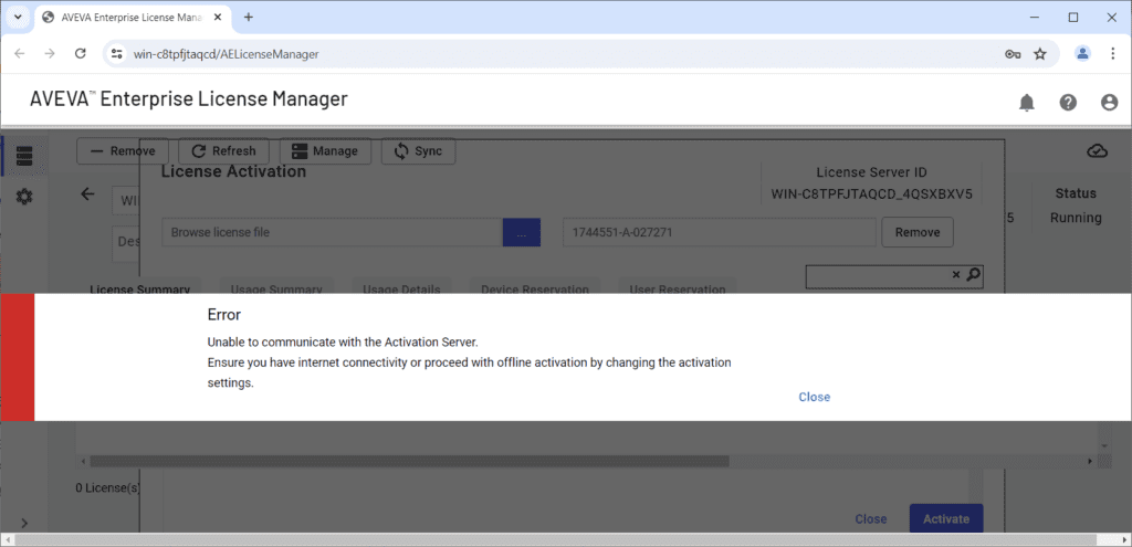 AVEVA Enterprise License Manager gets stuck while Activating a License ...